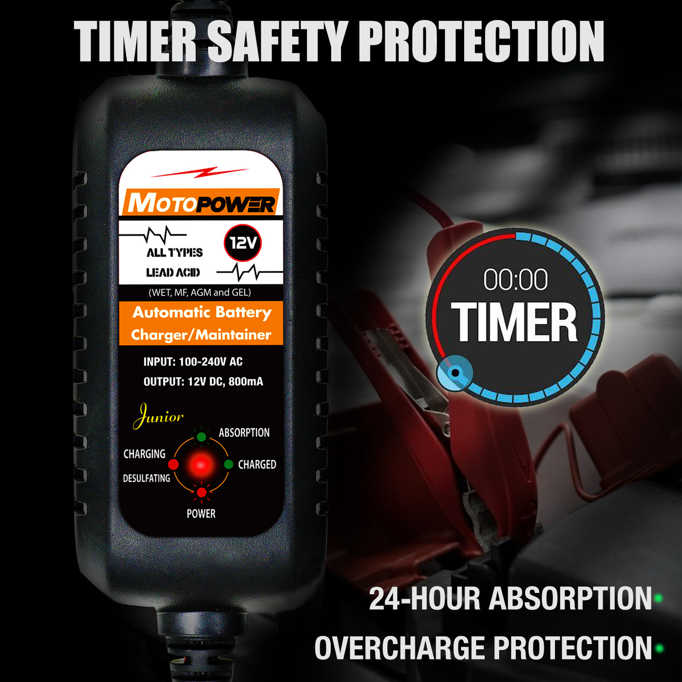 MOTOPOWER MP00205A 12V 800mA Fully Automatic Battery Charger/Maintain ...